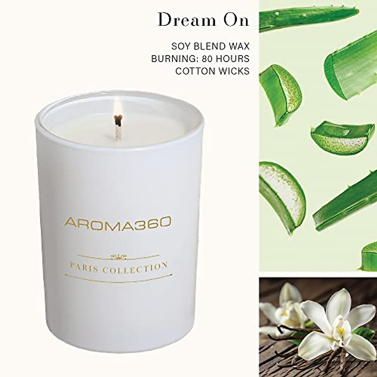 Aroma360 - Dream On - Paris Collection Candle Trio - Luxury Scented Candles with Essential Oils - White Tea, Sweet Vanilla & Earthy Cedar - Aromatherapy - Soy Candles - 80hr Burn - 11 oz - Set of 3