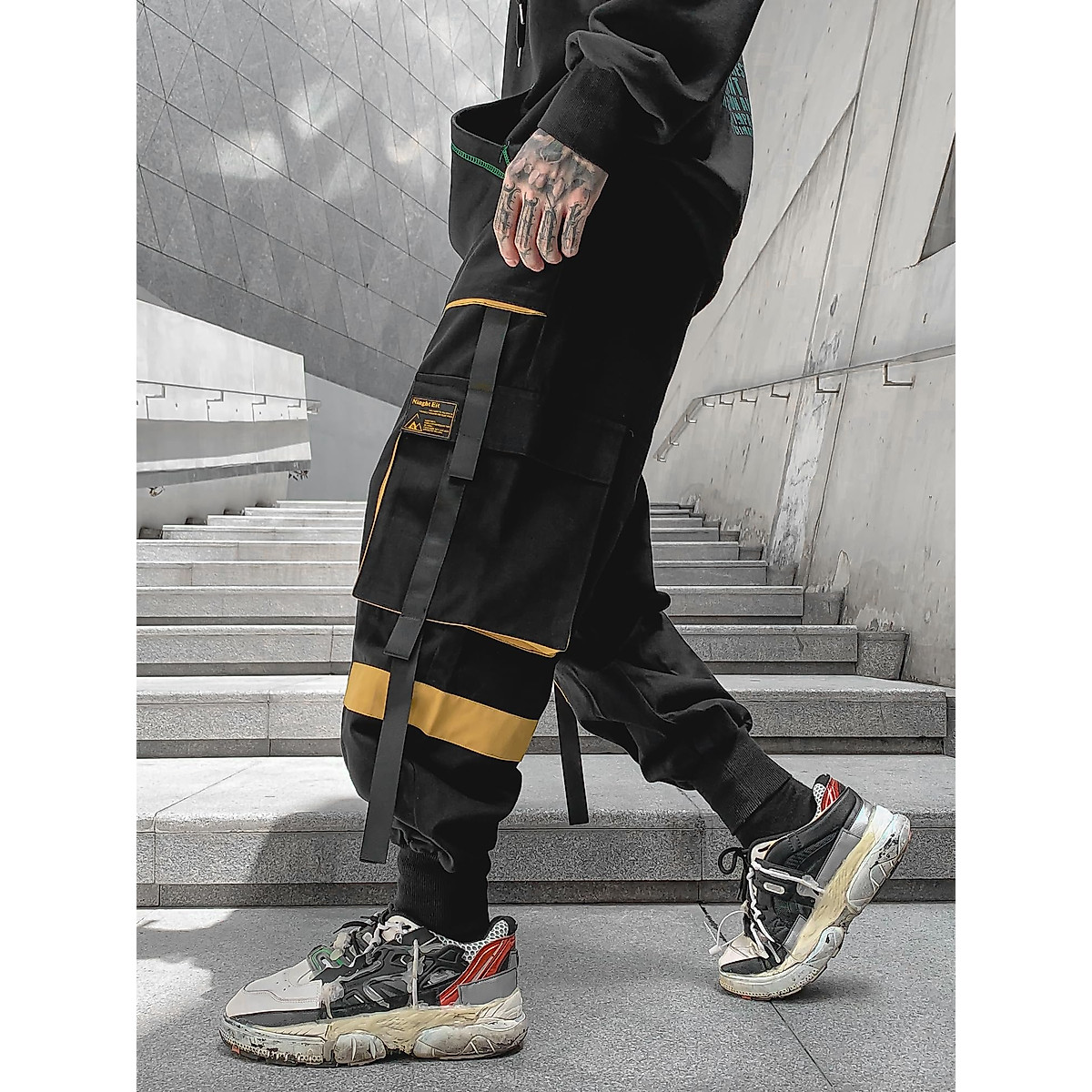 Ambcol Men's Jogger Pants Techwear Hip Hop Harem Pants Streetwear Tactical Track Pants with Drawstring Black-Yellow Medium