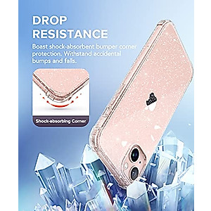 BERFY 5 in 1 for iPhone 13 Case Glitter, with 2X Screen Protector + 2X Camera Protector, [Not Yellowing] Sparkly Bling Shockproof Hard Back Slim Protective Phone Cover for Women, 6.1" (Glitter Clear)