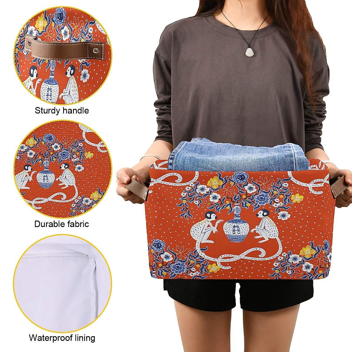 Storage Basket Cube Art Chinoiserie Animal Monkey Large Collapsible Toys Storage Box Bin Laundry Organizer for Closet Shelf Nursery Kids Bedroom,15x11x9.5 in,2 Pack