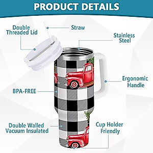 ODAWA 30 Oz Black White Plaid Christmas Trucks Insulated Tumblers with Handle and Straw Lid, Stainless Steel Vacuum Insulated Tumbler Travel Coffee Tumbler