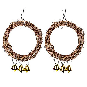 2Pcs Parrots Swing with Bells, Natural Rattan Bird Swing Perches Toy Parrot Toy for Parrot Budgie Parakeet Cockatiels Conure