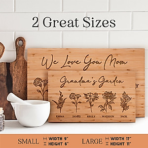GRANDMA'S GARDEN, Personalized Cutting Board with Birth Flower Design, 9X6", Mothers Day Gifts for Grandma, Custom Engraved Gifts for Mom, Grandma - Grandma Gifts Ideas - 5 Names