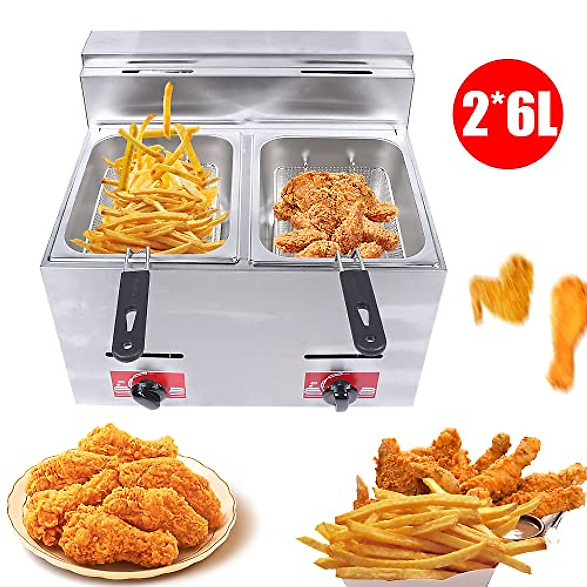 Commercial Deep Fryer, Stainless Steel Gas Deep Fryer Countertop with 10L 2 Baskets and Lid Gas Deep Fryer Propane LPG Deep Fryer