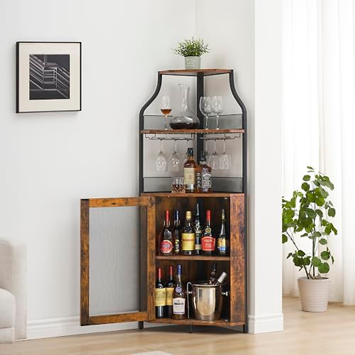Amyove Corner Wine Bar Cabinet with Detachable Wine Rack, Industrial Wine Cabinet with Glass Holder, Small Sideboard and Liquor Coffee Bar Cabinet with Mesh Door, ‎Retro Brown