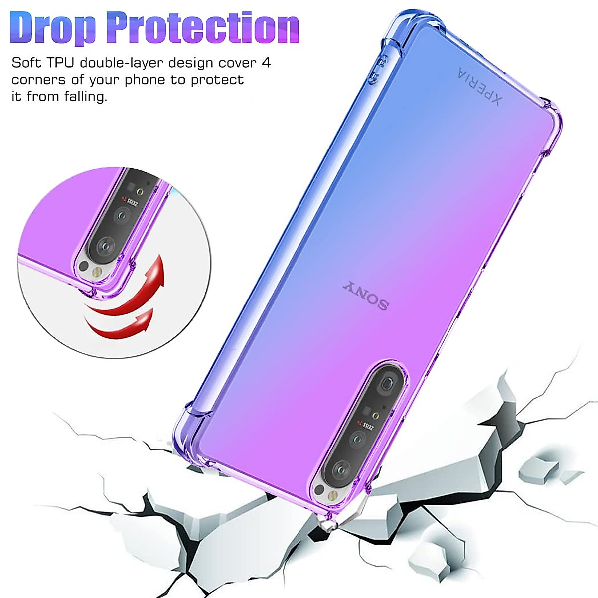 Gufuwo Case for Sony Xperia 1 III/Xperia 1III 5G XQ-BC72 Cute Case Girls Women, Gradient Slim Anti Scratch Soft TPU Phone Cover Shockproof Protective Case for Sony Xperia 1 III (Purple/Blue)