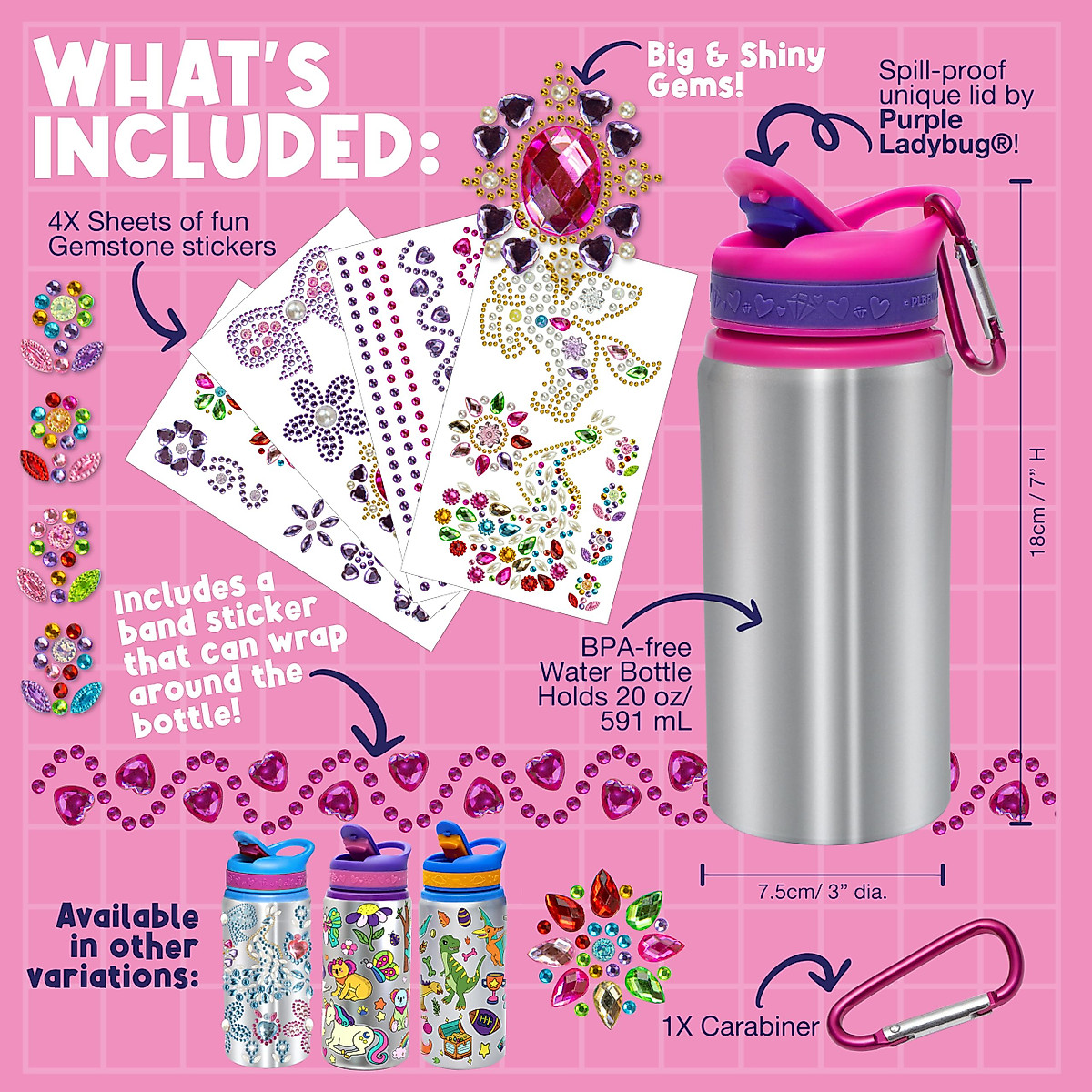 PURPLE LADYBUG Decorate Your Own Water Bottle Kits for Girls - 5 6 7 8 Year Old Girl Gifts, Girl Birthday Gift, Arts and Crafts for Kids Ages 6-8 Girls Water Bottles for School, Crafts for Girls 8-12