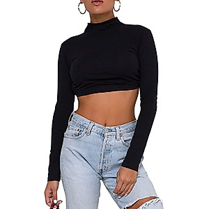 Remidoo Women's Sexy Backless Mock Neck Long Sleeve Crop Top T-Shirt Solid Black Large