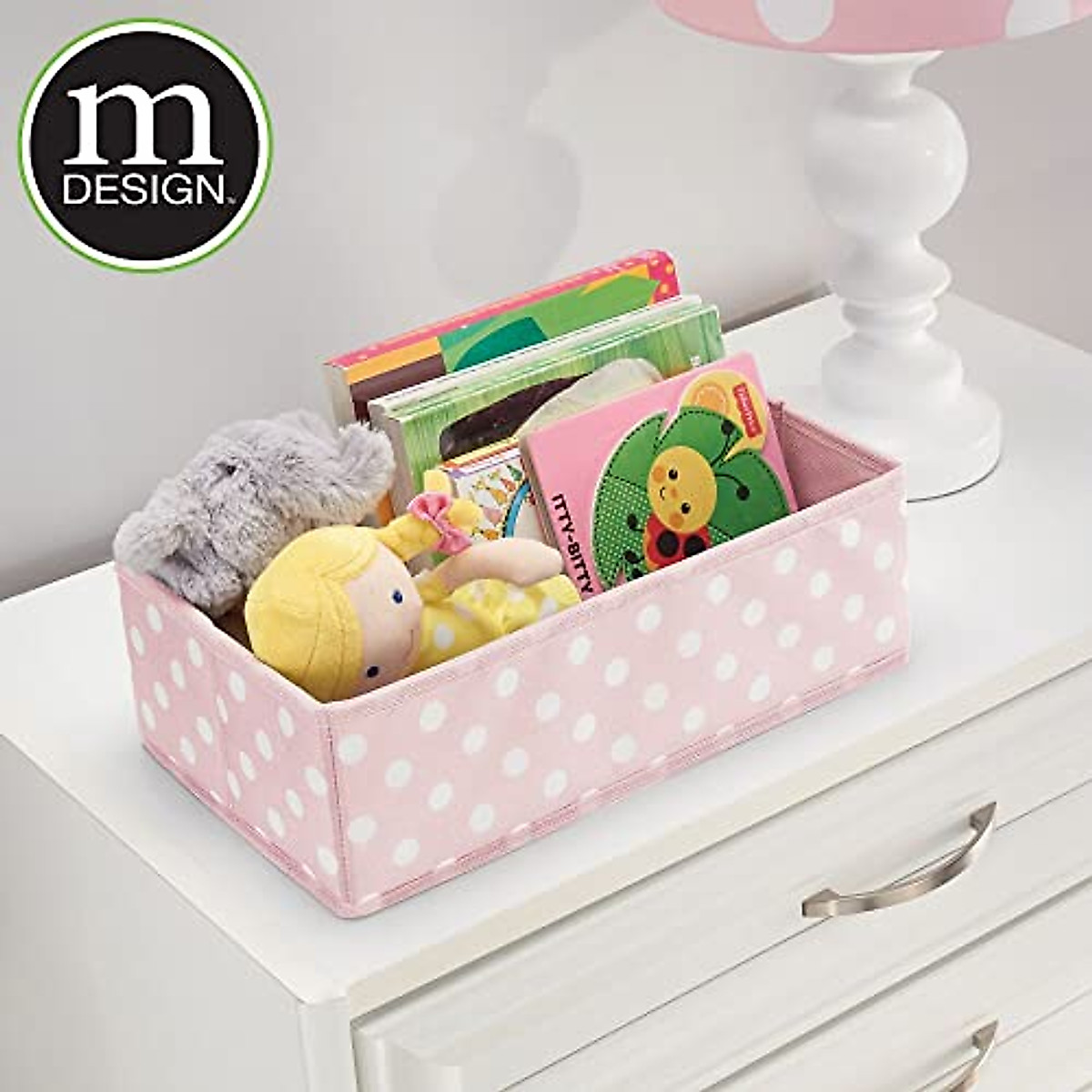 mDesign Fabric Drawer Organizer Bins, Kids/Baby Nursery Dresser, Closet, Shelf, Playroom Organization, Hold Clothes, Toys, Diapers, Bibs, Blankets, 3 Pack - Pink/White Polka Dot