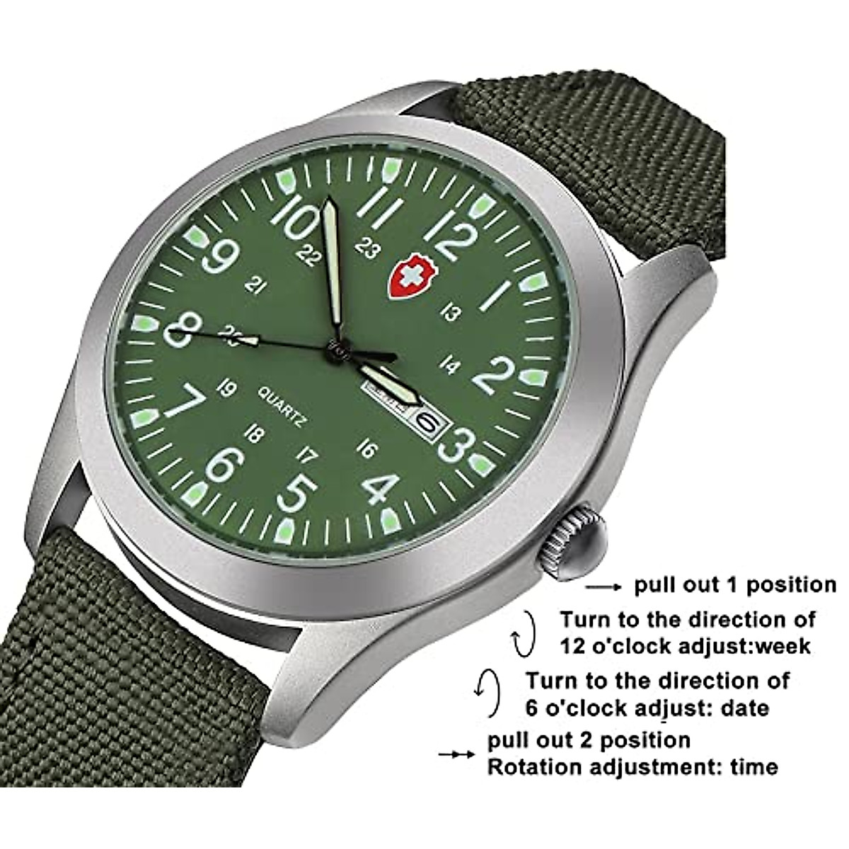 Gosasa Unisex Military Watches Sport Textile Nylon Strap Luminous Fashion Watch Analog Display Quartz Waterproof Casual Wristwatch (Green 2)