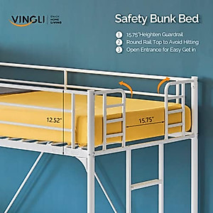 VINGLI Twin Loft Bed with Guard Rail Flat Ladder Rung, Metal Loft Bunk Bed Frame for Kids and Young Teens, No Box Spring Required, White