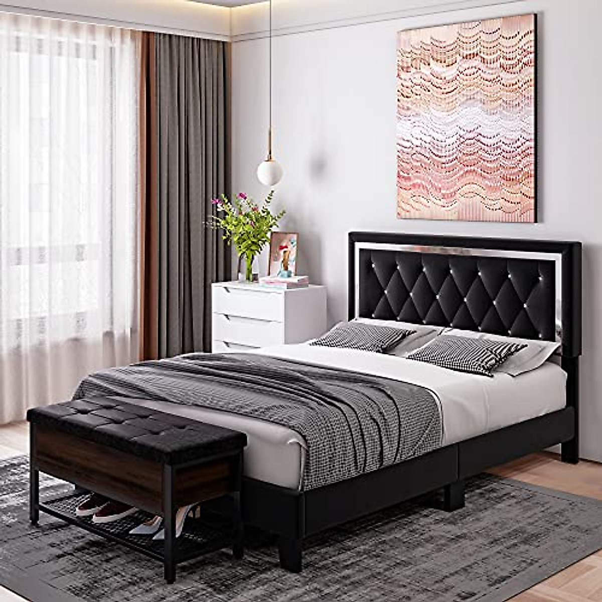 Queen Bed Frame, Diamond Tufted Upholstered Platform Bed Frame with Adjustable Headboard, Mattress Foundation with Wooden Slat Support, No Box Spring Needed, Easy Assembly (Queen, Black)