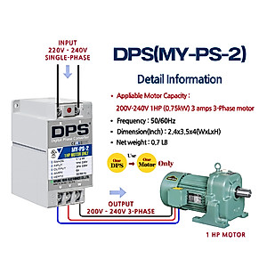 DPS 2HP My-PS-2 Used for 1HP(0.75kW) 3A Motor, Single to 3 Phase Converter, 1 DPS Must Be Used for 1 Motor Only, Input/Output 200-240V, UL Listed