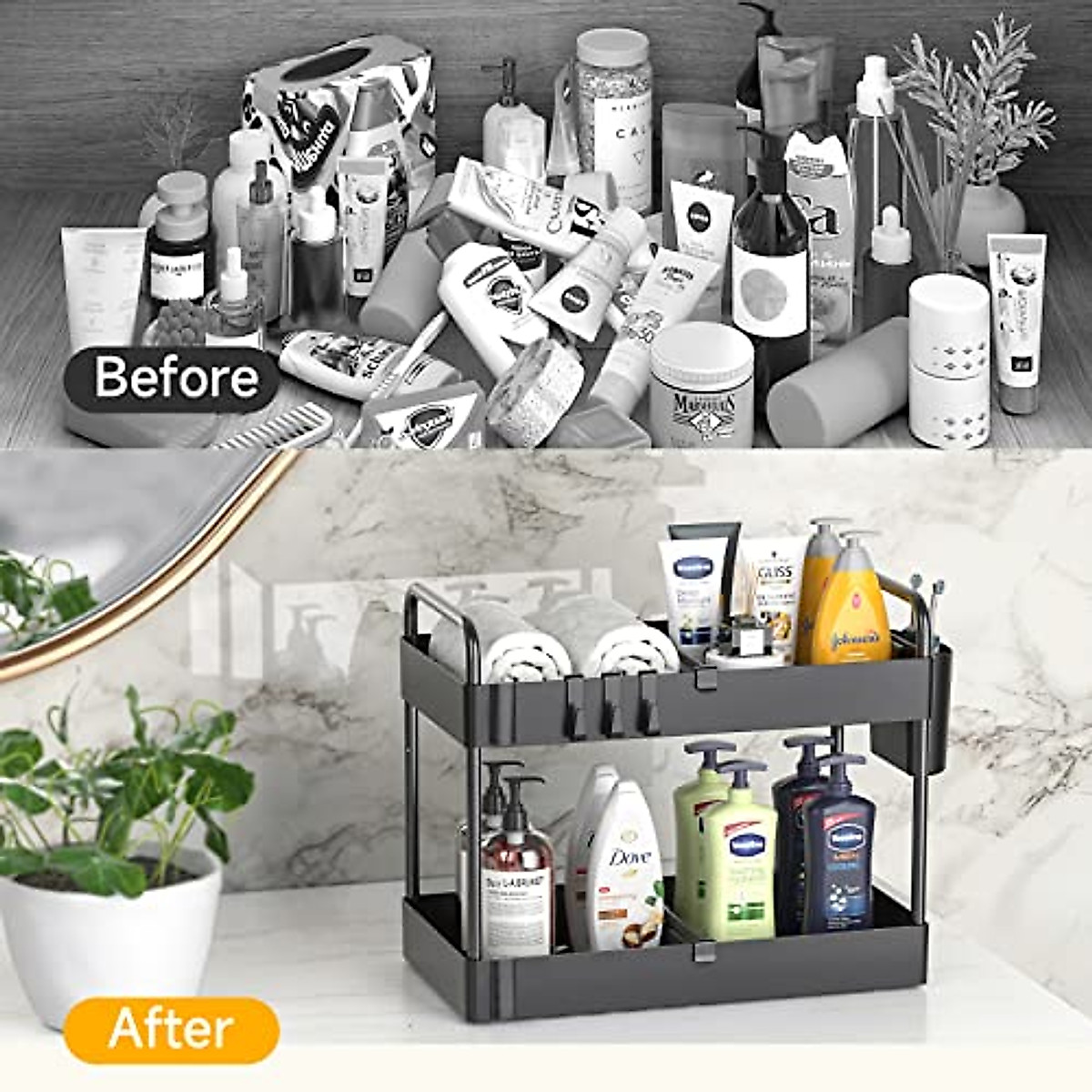 3 Pack Under Sink Organizers And Storage With Dividers,2-Tier Bathroom Organizer Under Sink,Kitchen Organization,Cabinet Organizer With Hooks,Hanging Cup,Dividers,Handles