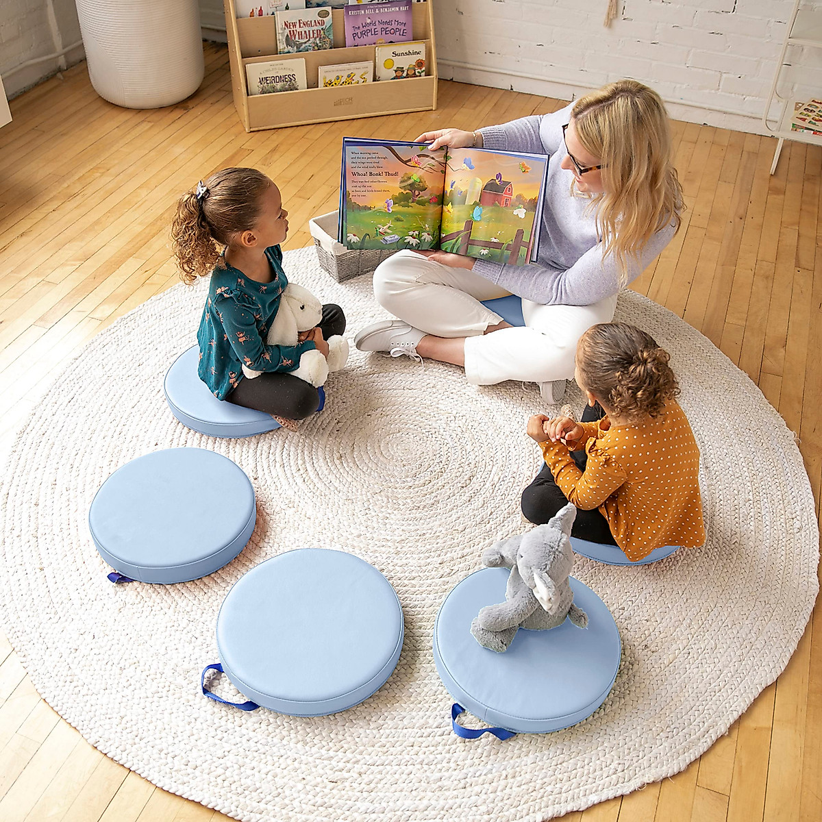 ECR4Kids SoftZone Floor Cushions with Handles, 2" Deluxe Foam, Round, Powder Blue, (6-Pack)