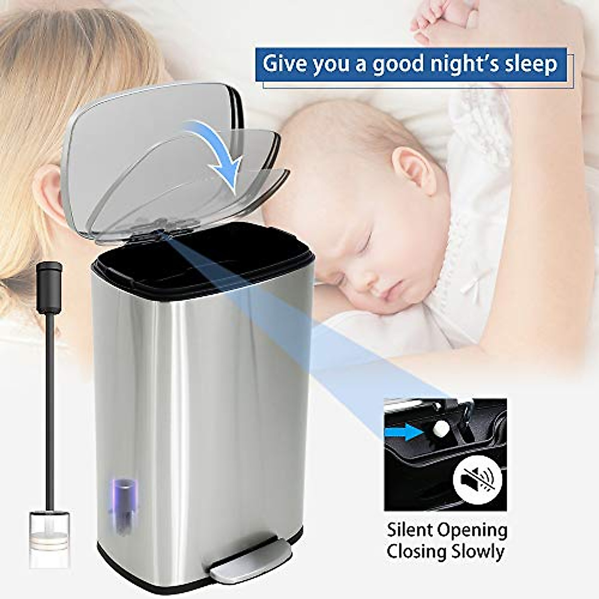 Stainless Steel Kitchen Trash Can with Soft Slow Lid Pedal Step 13 Gallon / 50 Liter Garbage Can Removable Plastic Inner Bucket Trash Bin for Bathroom Kitchen and Office Large Trash Bin,Silver