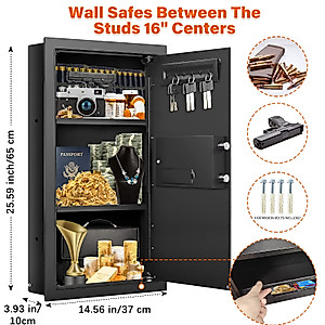 25.6" Tall Fireproof Wall Safes Between the Studs 16" Centers, Hidden Wall Safe with 2 Removable Shelf & Hidden Tray, Heavy Duty Wall Mount Safe for Firearms, Money, Jewelry, Passport Black