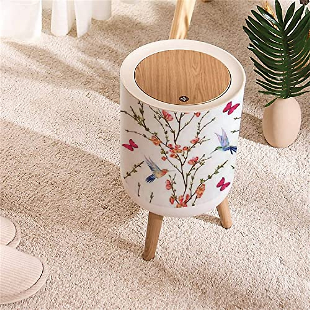 Small Trash Can with Lid Seamless Floral with Hand Drawn Hummingbirds Tropical Japanese Flowers Round Recycle Bin Press Top Dog Proof Wastebasket for Kitchen Bathroom Bedroom Office 7L/1.8 Gallon