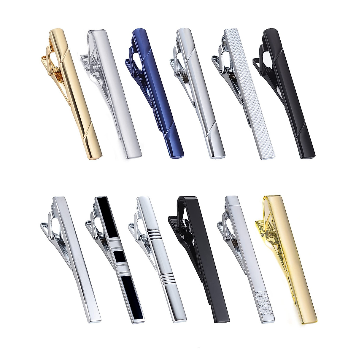 Tornito 12Pcs Tie Clips for Men Tie Tack Pins Silver Black Gold Blue Necktie Bar Regular Ties Suitable for Daily Wedding Meeting Business Anniversary Tie Clips