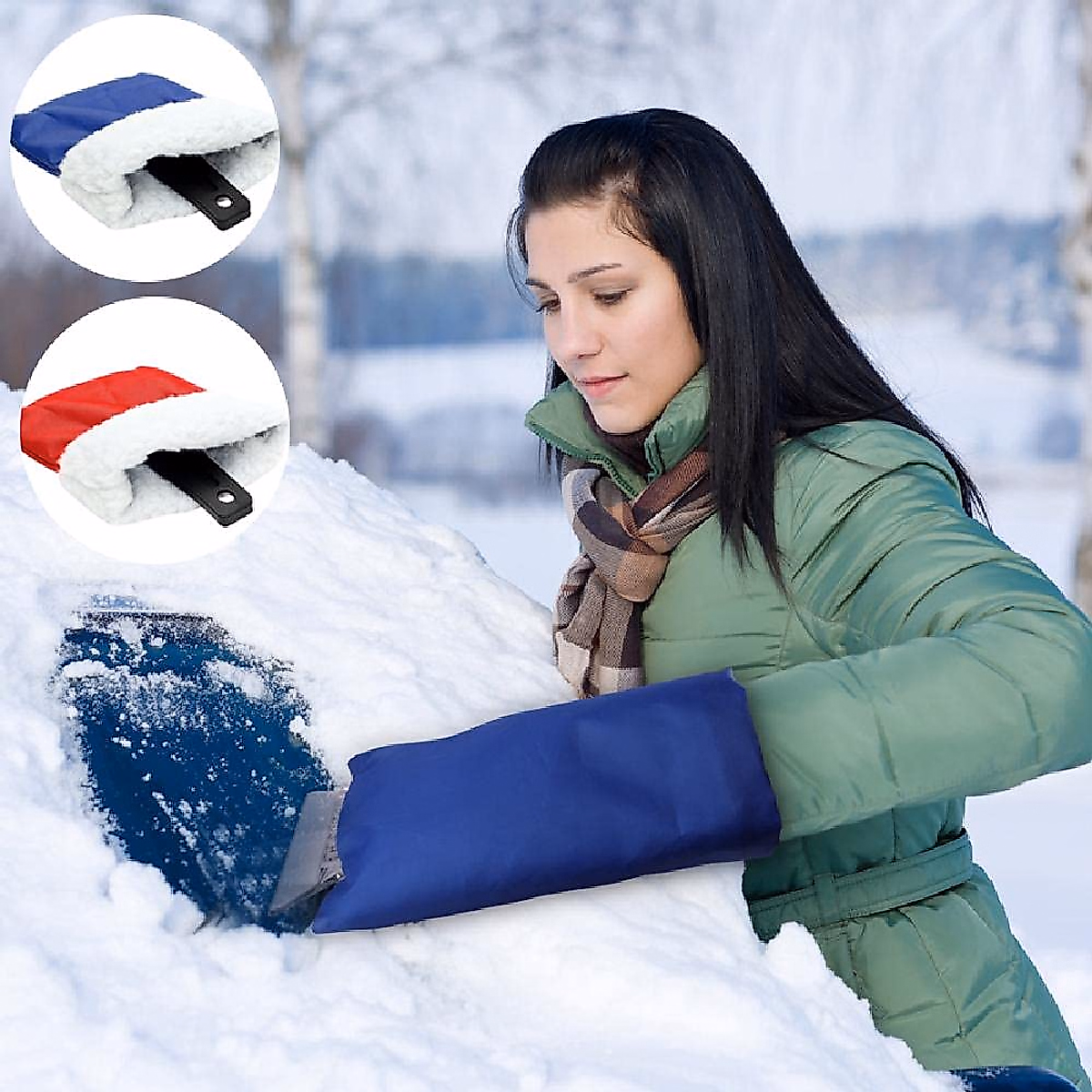 SEIWEI 2 Pack Car Windscreen Ice Scraper Removal No Scratch Handheld Snow Frost Scrapers Van Truck Windshield Cleaning Tool with Mitt Glove (Blue and Red)