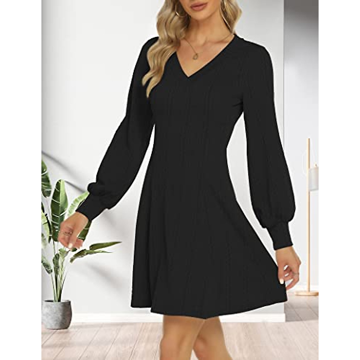 OYANUS Womens V Neck Long Sleeve Sweater Dress Fall Latern Sleeve Knit Flowy Short Mini Skater Dresses Black L