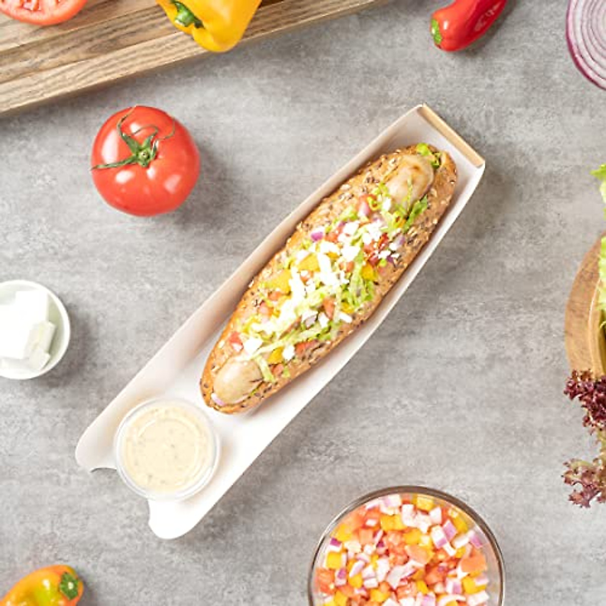 Restaurantware Bio Tek 11.8 x 2 x 1.3 Inch Hot Dog Trays 200 Open-Design Hot Dog Containers - Greaseproof Recyclable Kraft Paper Hot Dog Serving Trays