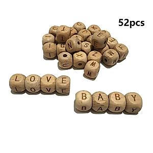 52pcs Square Wood Alphabet Beads 12MM Natural Beech Wooden Letter Beads for Jewelry Toys Making DIY Necklace (52pcs Wooden Letter Beads)