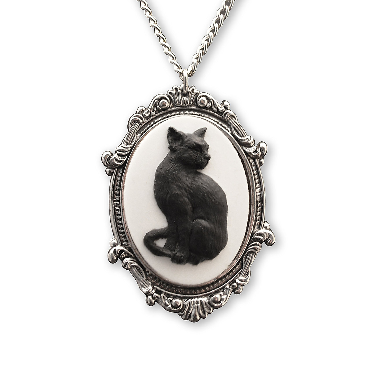 Real Metal Black Cat Cameo in Antique Silver Finish Pewter Frame Pendant Necklace