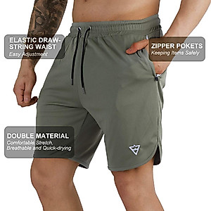 Wangdo Men's Workout Shorts 7" Running Shorts Athletic Bike Shorts Gym Shorts for Men with Zipper Pocket(Black+Green-L)