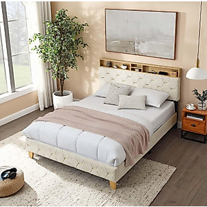 Queen Size Bed Frame with Shelf Storage & Upholstered Headboard, Upholstered Platform Bed Frame with USB Port, No Box Spring Needed, Sturdy Wood Slats for Family Bedroom Apartment (Beige, Queen)
