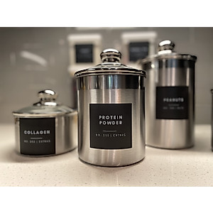 240 Black Minimalist Paper Pantry Labels | 2 1/2 x 2 1/2 inches | Waterproof Vinyl | for Plastic, Metal, Stainless Steel & Glass Containers | Strong Adhering, Removable