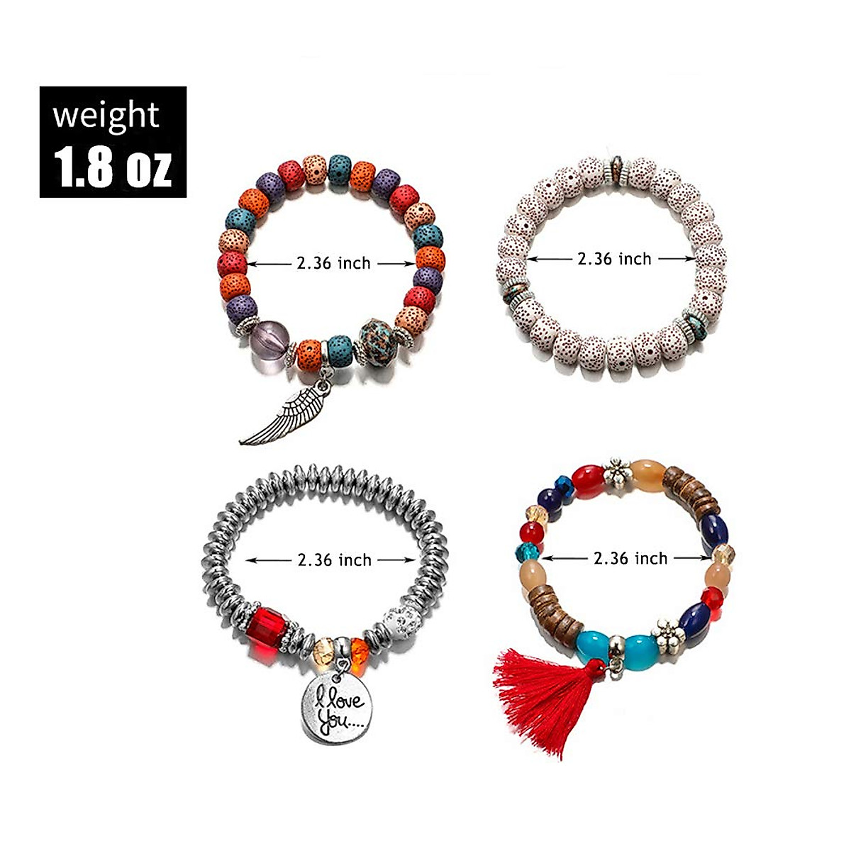 SMALLLOVE Bohemian Bracelets Set for Women Multilayer Stretch Stackable Wing Tassel Love Charm Crystal Beaded Beach Boho Natural Stone (Black)