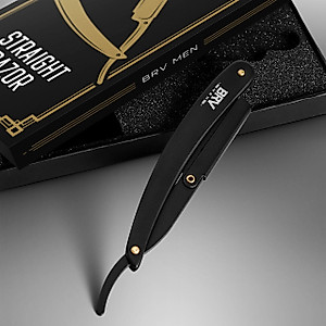 BRV MEN Professional Straight Edge Barber Razor w/ 100 Lord Platinum Single Edge Razor Blades | Straight Razors for Men | Barbershop Accessories | Mens Shaving Knife & Shavette - Black