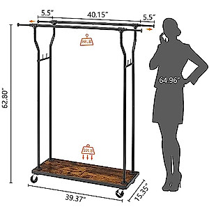 Hoctieon Heavy Duty Double Rod Clothing Racks for Hanging Clothes,Extensible Garment Rack With Wheels,Clothes Rack with Wooden Bottom Shelves