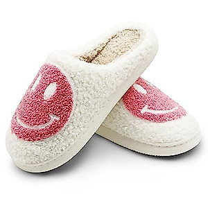Retro Fuzzy Face Slippers for Women Men, Soft Plush Warm Slip-on Couple Style Casual Smiley Face Slippers Cozy Indoor Outdoor Lightweight Anti-Skid Sole Cute House Slippers with Memory Foam (Pink, 6.5)