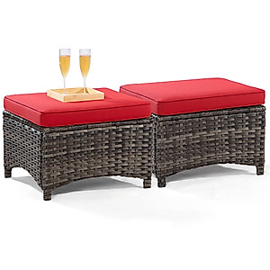 Joyside Outdoor Ottomans for Patio Set of 2 PE Wicker Steel Frame Outdoor Footstool with Removable Olefin Cushions for Garden, Patio, Backyard and Deck, Red