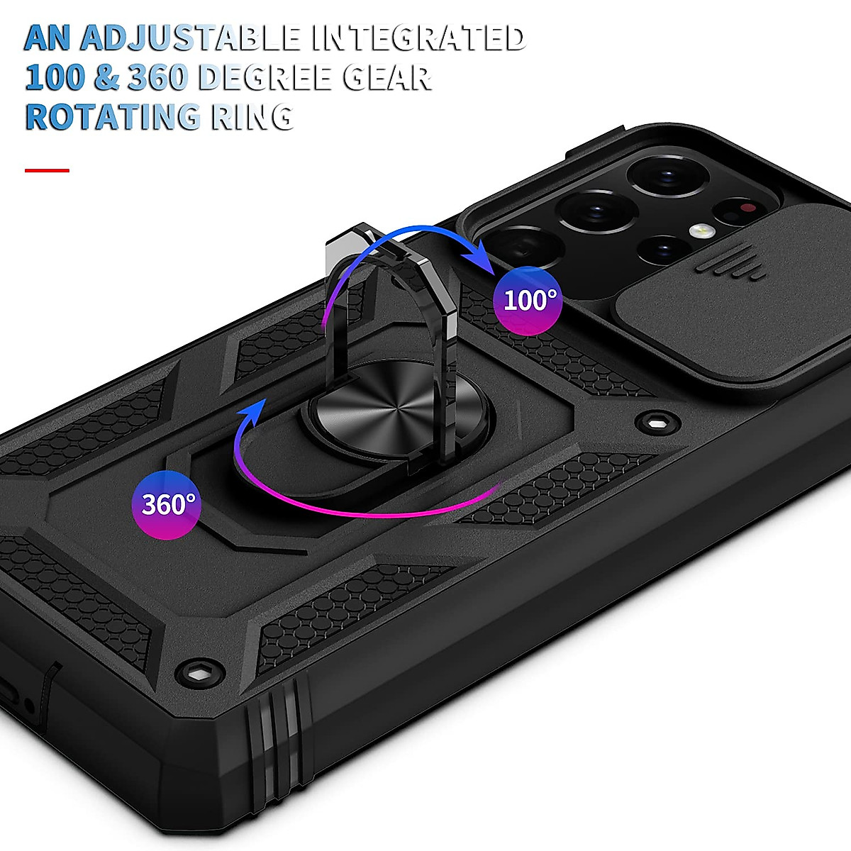 PASNEW for Samsung Galaxy S21 Ultra Case,360° Metal Ring Kickstand & Camera Cover Slide & Charge Port Dust Plug,Military Heavy Duty Full Body Shockproof Hard Shell for S21Ultra,6.8 inch,Black