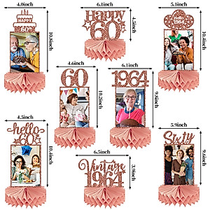 Guiruiy 8Pcs Happy 60th Birthday Decorations Honeycomb Centerpieces for Women, Pink Rose Gold Glitter Hello 60 Birthday Photo Table Centerpieces Party Supplies, Pink Sixty Bday Photo Table Topper
