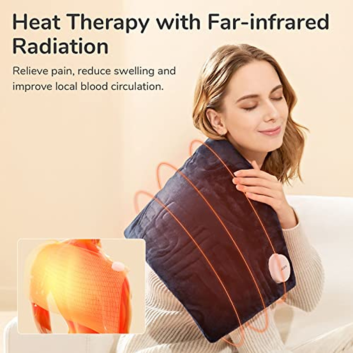 Jesir Heating Pad Electric, Carbon Fiber Tech, Pain Relief for Back, Neck, Shoulder, Cramps, Thick Flannel Fabric Powerful Heated Warmer with Safety, Memory Function, 6 Heat Settings, 12"x24", Blue