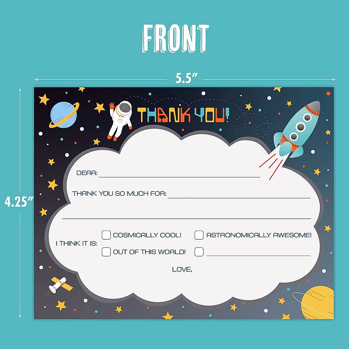 Koko Paper Co Space Multiple-choice Fill-in Thank You Cards | 25 Flat Cards and 25 Bright White Envelopes | Printed on Heavy Card Stock.