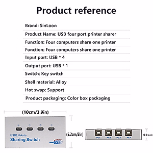 SinLoon Printer Splitter,USB Printer Sharing Switch4 Ports,4 PCs Share 1 USB Device,High Speed Sharing Switcher Printer Scanner External(1 to 4)