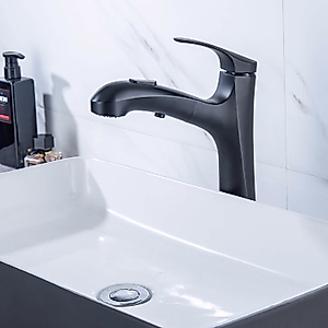MIAOHUI Matte Black Vessel Sink Faucet, Pull Out Tall Bathroom Faucet, Single Hole Bathroom Sink Faucet with 3 Modes Pull Down Sprayer, One Handle Modern Vanity Faucet, Farmhouse Lavtory Faucet