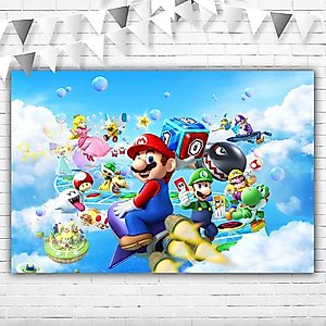 Happy Birthday Super Mario Backdrop 5x3ft Vinyl Super Mario Bowser Castle Background for Kids 1st Birthday Pink Peach Princess with Super Mario Bros Banner Party Decorations
