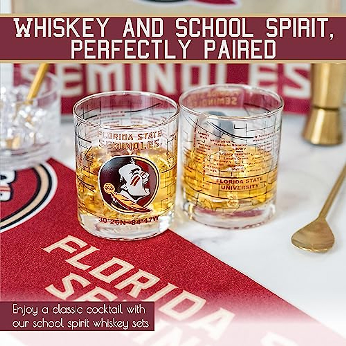 Florida State University Whiskey Glass Set (2 Low Ball Glasses) - Contains Full Color Seminoles Logo & Campus Map - Osceola and Renegade Gift Idea for College Grads & Alumni - Glassware