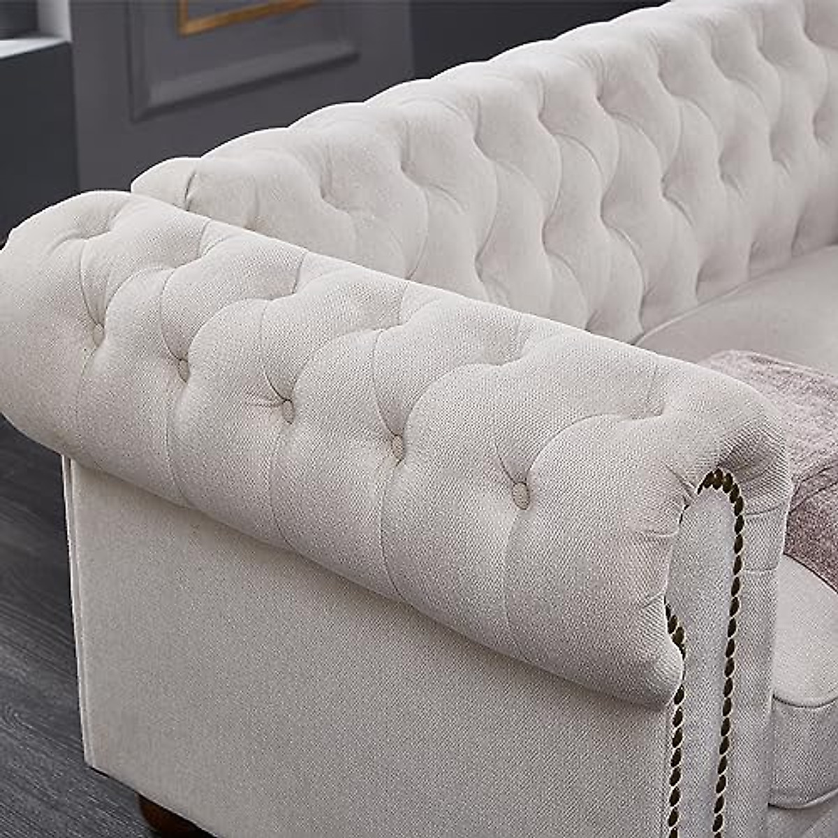 FANYE 88.5" 3-Seaters Chesterfield Clasic Luxury Roller Armrest Special Wood Legs Sectional,Button Tufted Linen Fabric Upholstered Modular Sofa Couch with Removable Cushions & Nailhead Decor, Beige