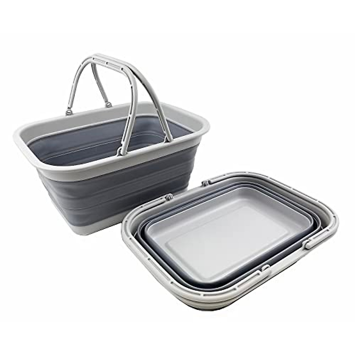 SAMMART 12L (3.17Gallon) Set of 2 Collapsible Tub with Handle - Portable Outdoor Picnic Basket/Crater - Foldable Shopping Bag - Space Saving Storage Container (Grey)