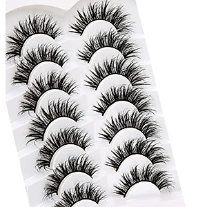 Pooplunch False Eyelashes Wispy Mink Lashes Cat Eye Look 8D Volume Fluffy Natural Fake Eyelash Faux Mink Lashes 7 Pairs Pack