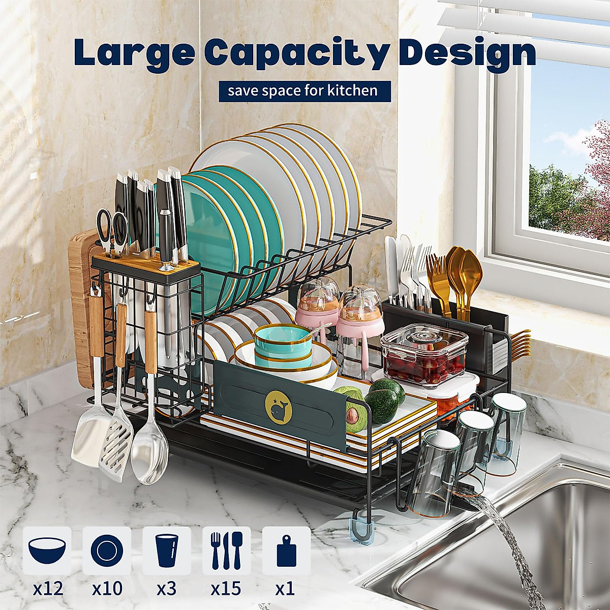 slhsy Dish Drying Rack for Kitchen Counter,Detachable 2 Tier Stainless Steel Dish Strainers with Utensil/Cup/Cutting-Board Holder and Knife Block Rust-Proof Dish Drainer，Black