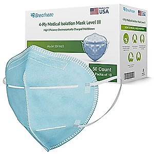 Breatheze 4 Ply Medical Isolation Face Mask Made in USA Level 3 Fluid Resistant FDA Registered Disposable Protective Face Cover with Nose Wire & Ear Loops - Thin Breathable - Box of 50 (5 Packs of 10)