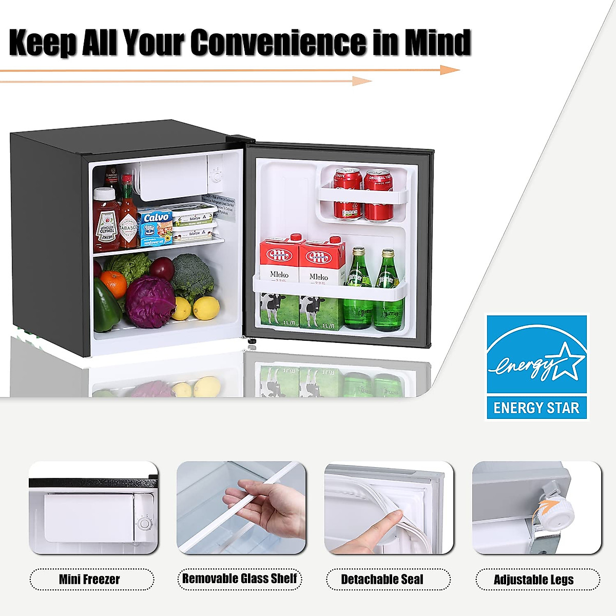 Frestec 1.6 Cu.Ft Mini Fridge with Freezer, Compact Refrigerator, Energy Efficient for Office, Apartment, Dorm, Bedroom